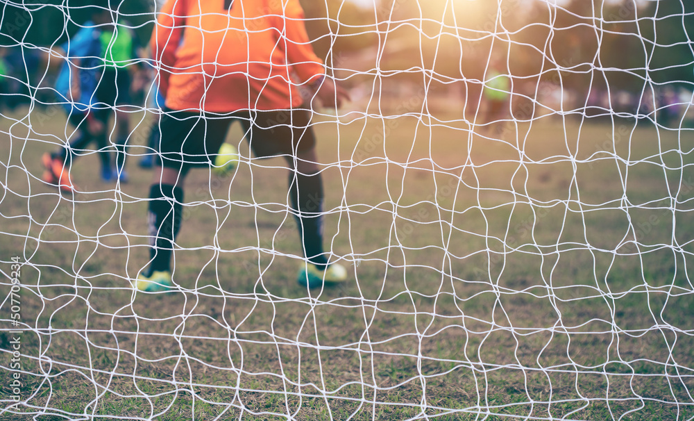 Soccer football goalkeeper and footballers throw soccernet,rear view of ...
