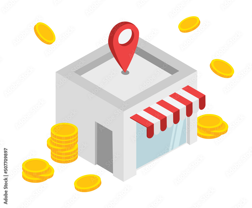 cash piled up and buildings erected illustration set. gold coin ...