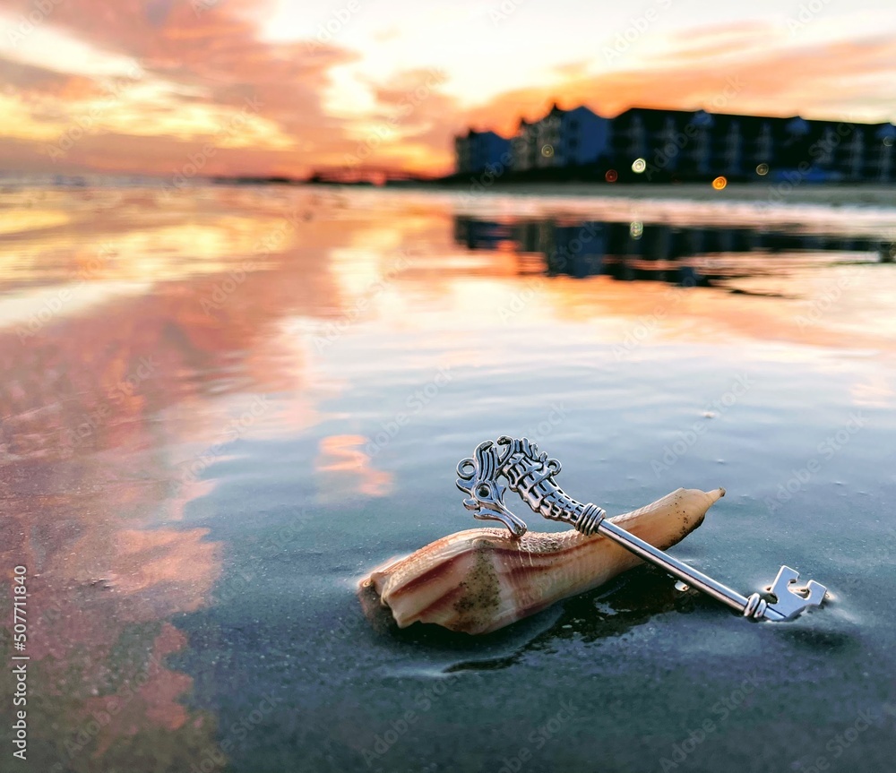 Key sitting on a shell at sunset on Galveston beach. Concept is having ...