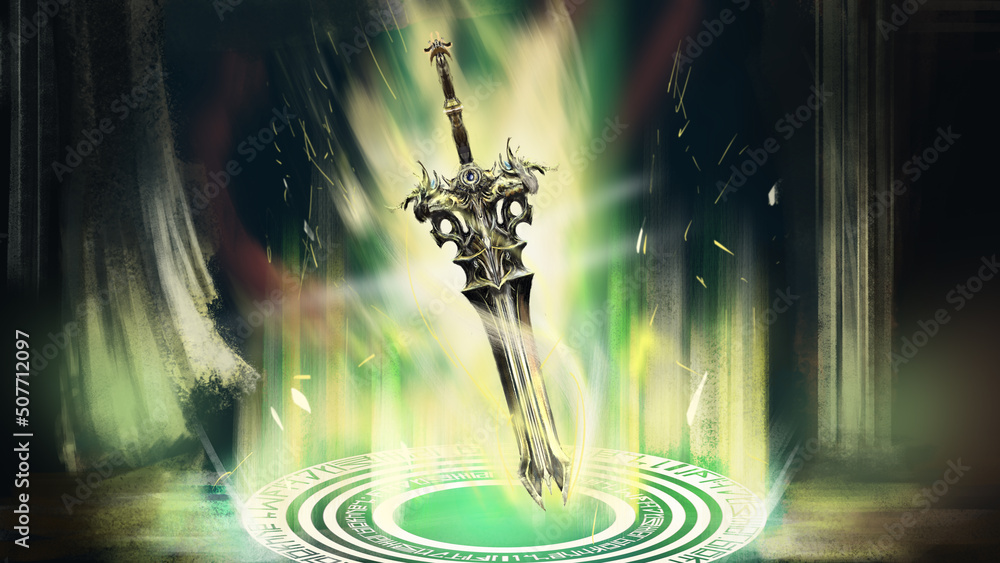 Heavy two-handed legendary sword in a magic circle emits light, Digital ...