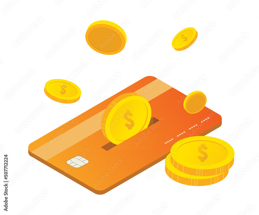 credit card payment and cash back illustration set. money box, gold ...