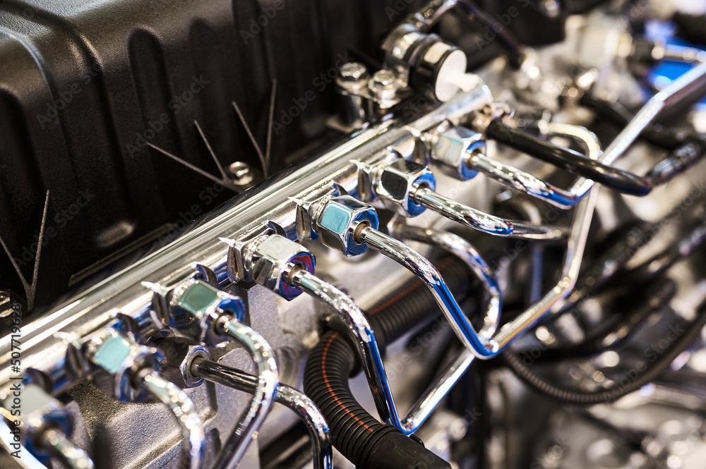 Thin pipes of high pressure pump of powerful diesel engine Stock Photo ...