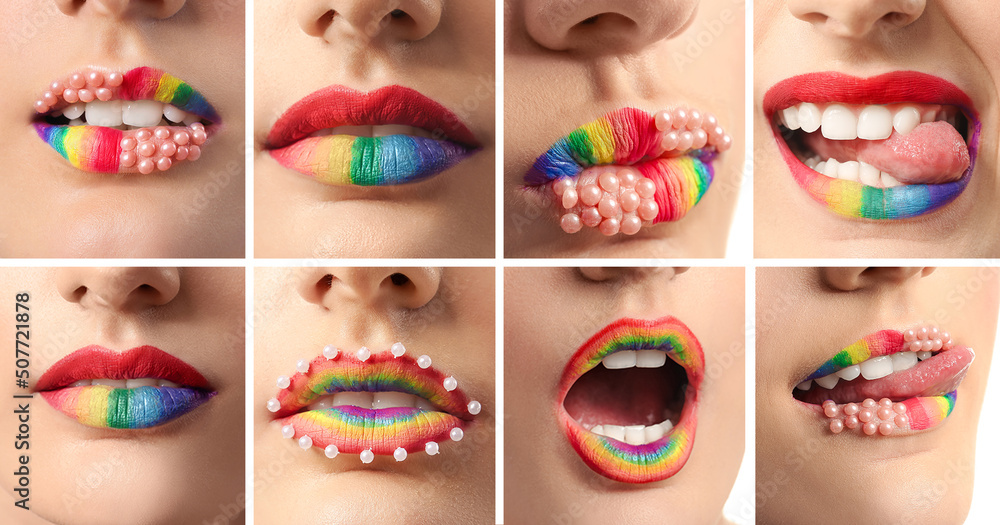 Collage with many rainbow female lips, closeup Stock Photo | Adobe Stock