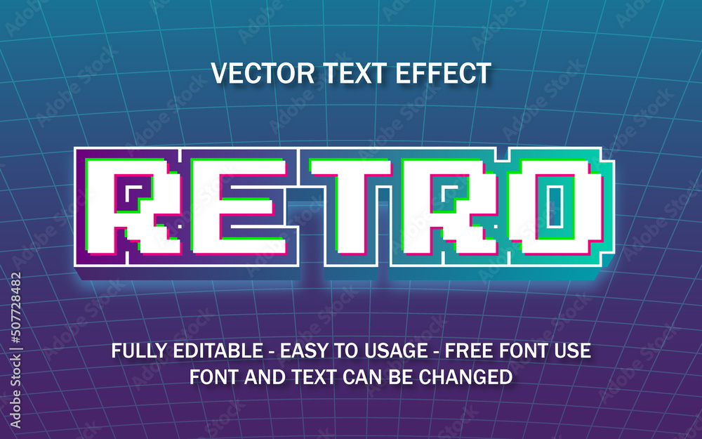 retro game style 3d editable text effect font style neon glow grid ...