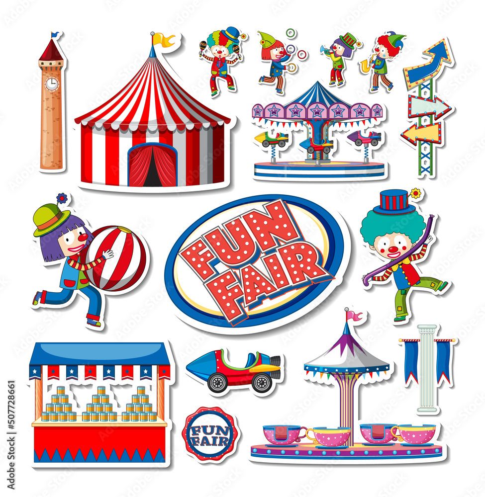 Poster Sticker set of amusement park objects and cartoon characters ...