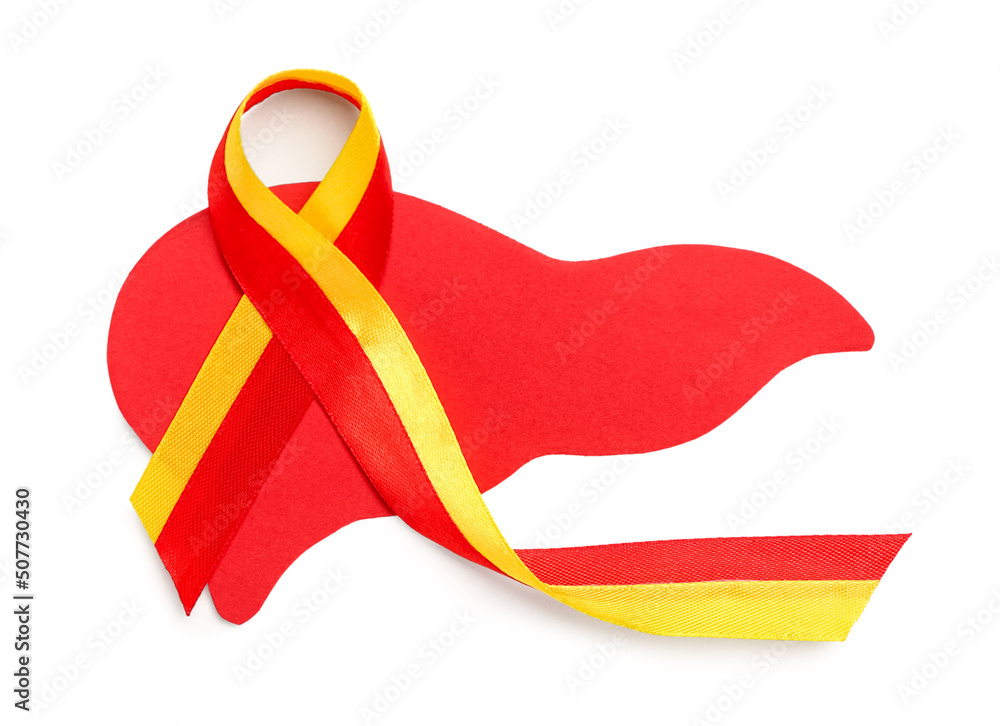 Awareness ribbon with paper liver on white background. Hepatitis ...