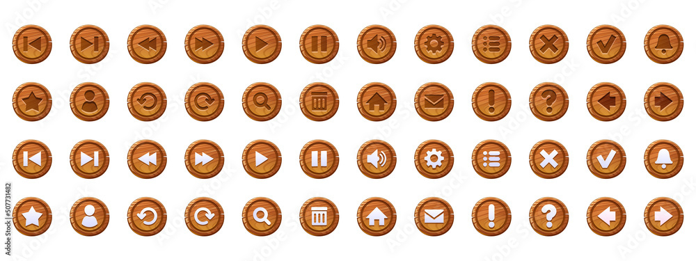 Circle buttons with wooden texture and icons for game menu interface or ...