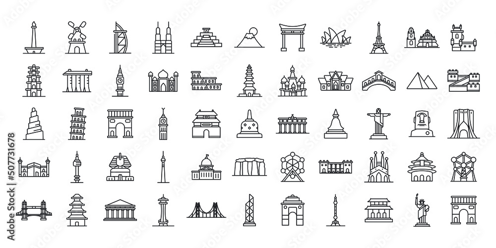 set of simple icon tourist destinations around the world. iconic ...