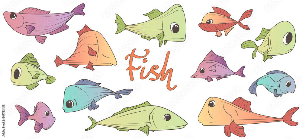 Collection of vector illustration of fish in cartoon style isolated on ...
