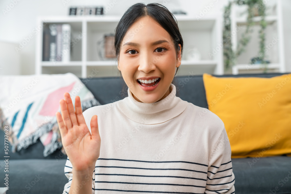 Cheerful beautiful Asian woman looking and talk to camera at video ...