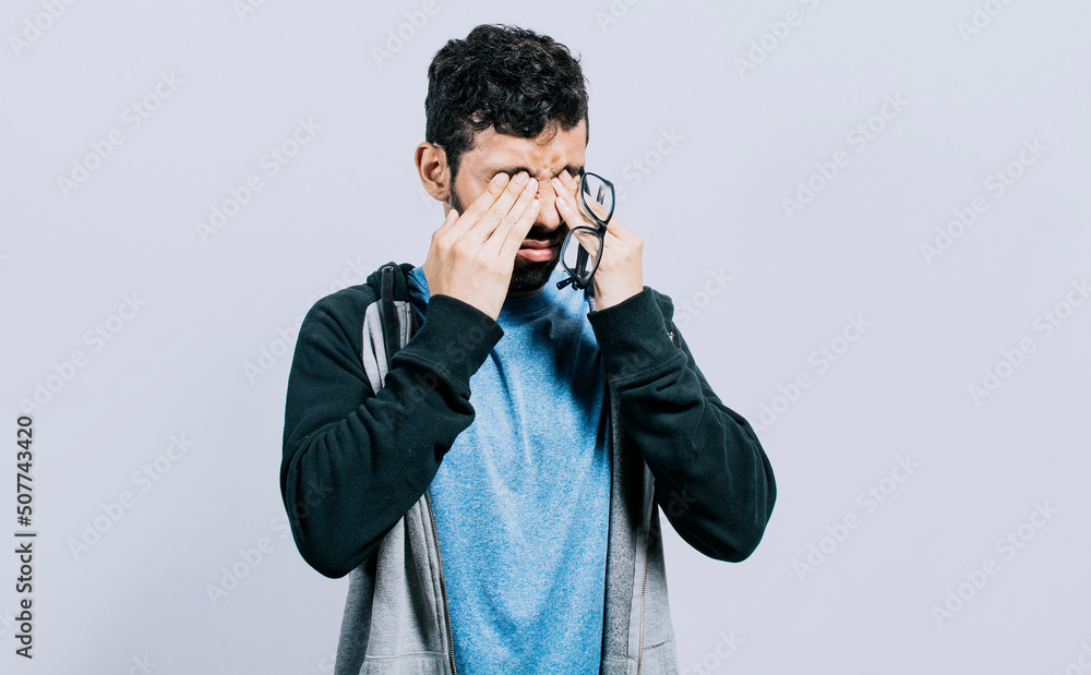 Person with visual fatigue isolated, Man with glasses with visual ...