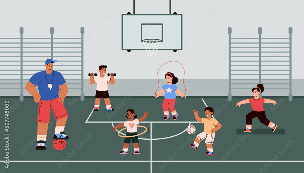 Children in the gym with a trainer physically train, vector flat ...