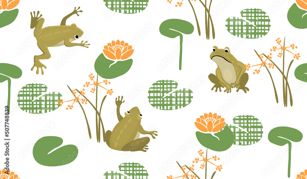 Seamless repeat pattern with frogs and water lilies on white.Colorful ...