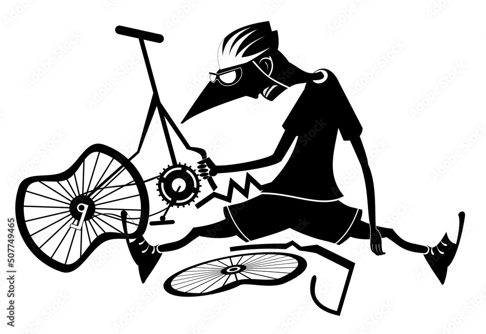 Sad cyclist man and broken bike. Cyclist man with downcast head sitting ...