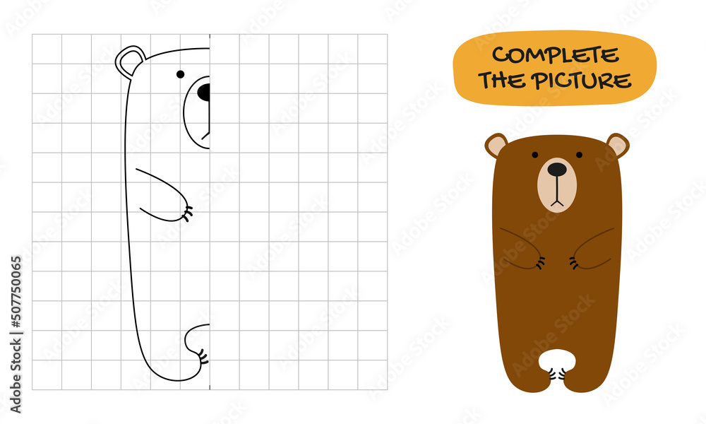 Copy the symmetrical pattern of a cute bear in the cells. Drawing task ...