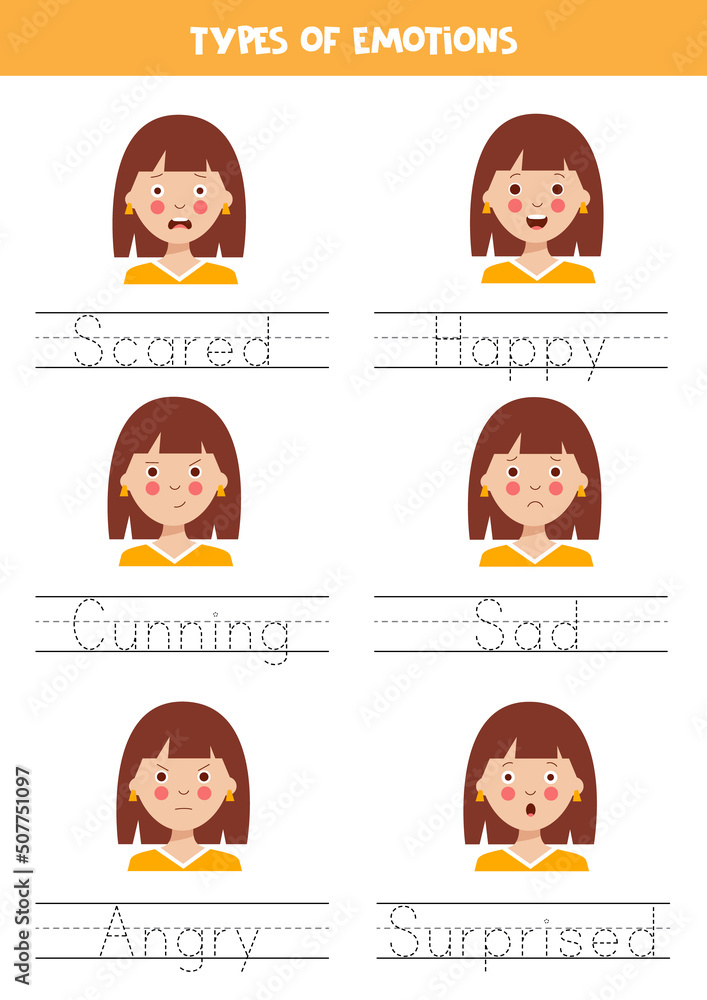 Tracing names of emotions types. Writing practice. Stock Vector | Adobe ...