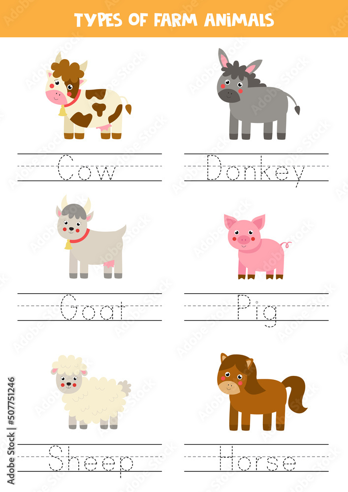 Tracing names of farm animals. Writing practice. Stock-Vektorgrafik ...
