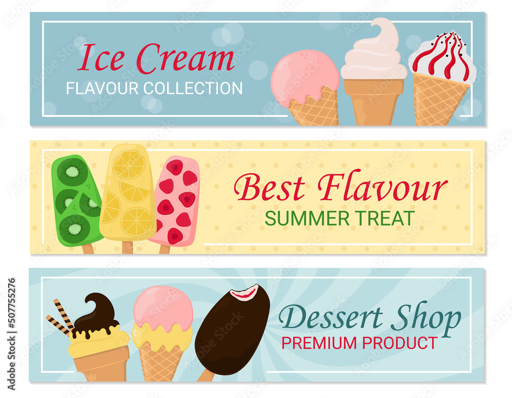 Ice cream banner set. Fruit popsicles, ice cream in waffle cone. Stock ...