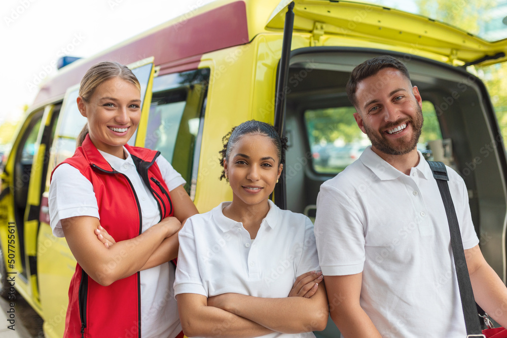 Paramedics at work with an ambulance. Paramedic nurse and emergency ...