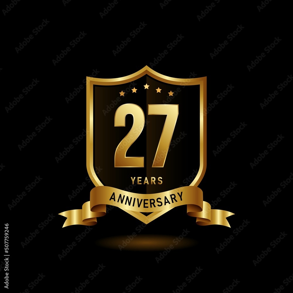 27 years anniversary logo with golden shield and ribbon for booklet ...