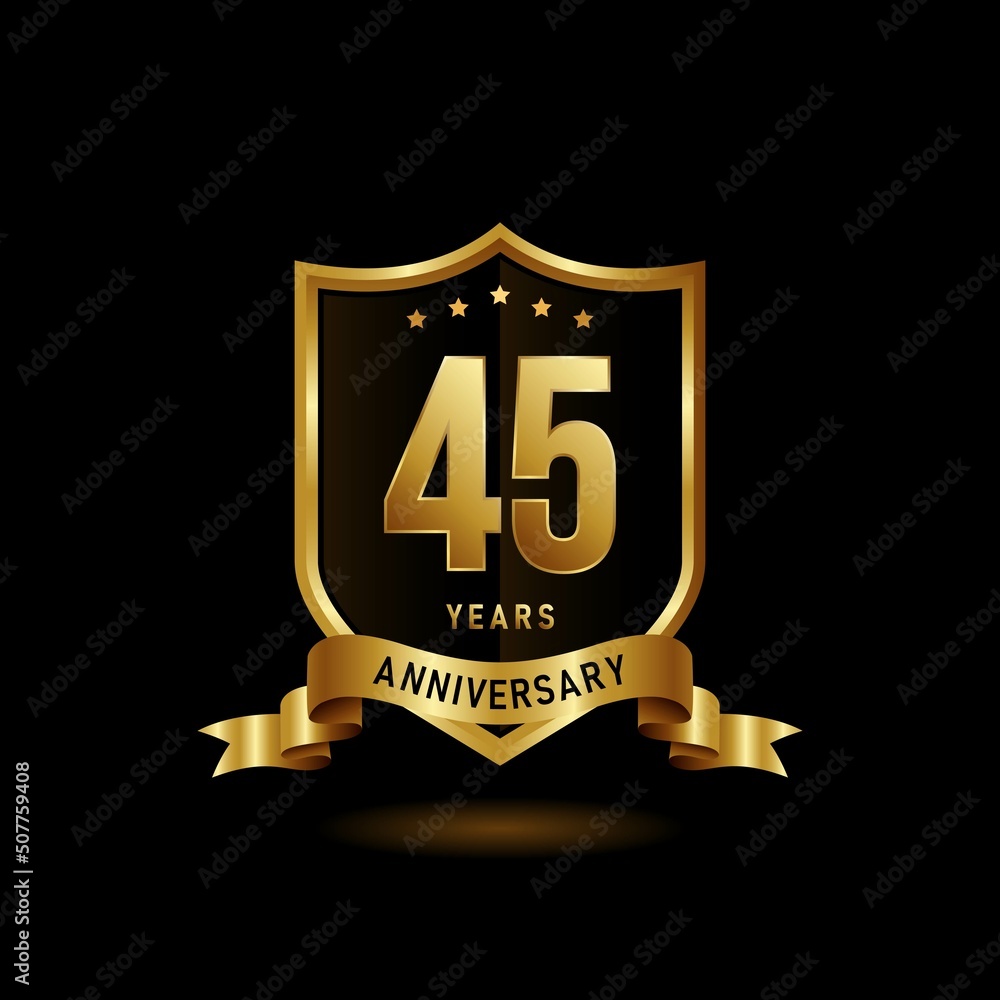 45 years anniversary logo with golden shield and ribbon for booklet ...