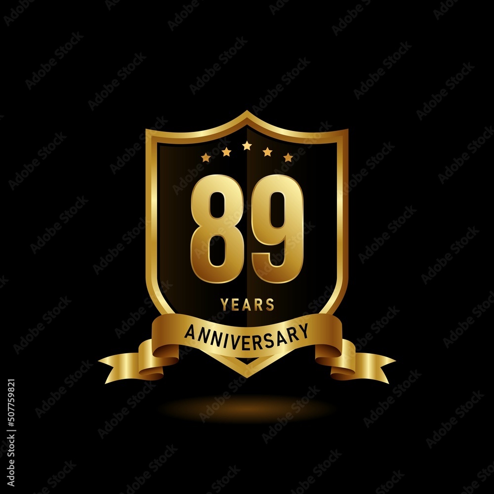 89 years anniversary logo with golden shield and ribbon for booklet ...