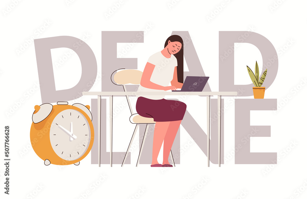 Concept of bad time management. Tired, stressed woman works at computer ...
