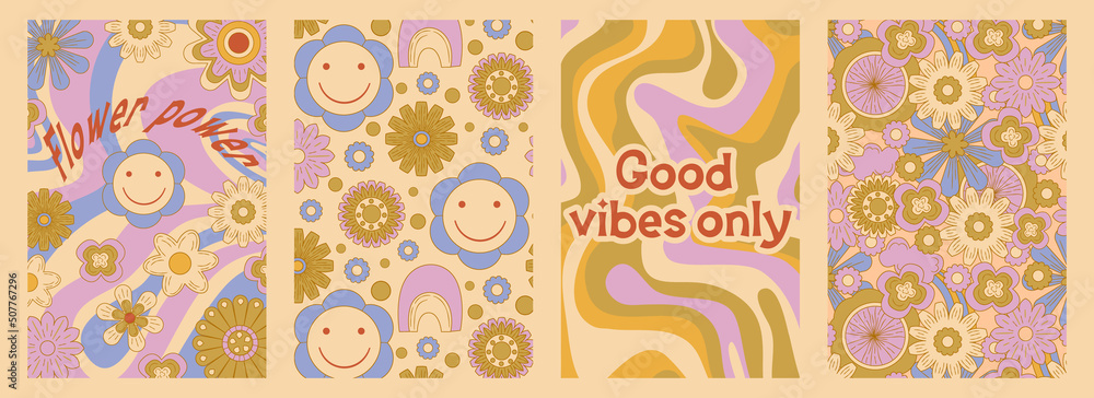 Groovy poster set in cartoon style with slogan and flower daisy. Groovy ...