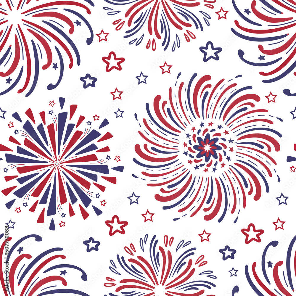 Hand drawn vector fireworks seamless pattern background. Red and blue ...
