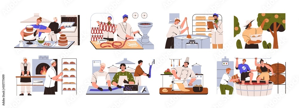 Food manufacture, production industry processes. Workers making ...