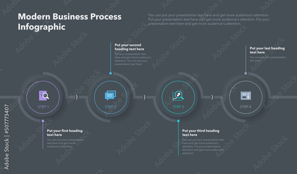 Modern business process template with four colorful stages - dark ...