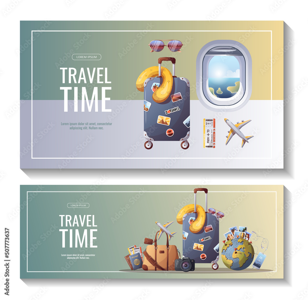 Set of banners for travel, tourism, adventure, journey. Suitcase ...