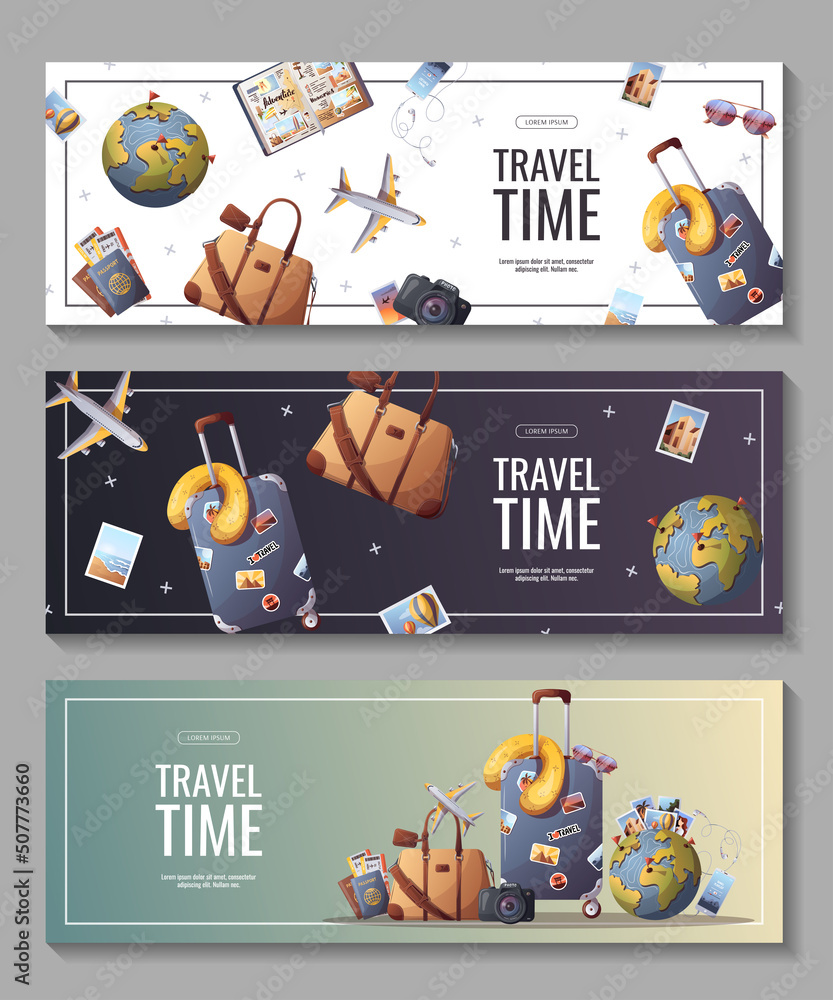 Set of banners for travel, tourism, adventure, journey. Suitcase ...