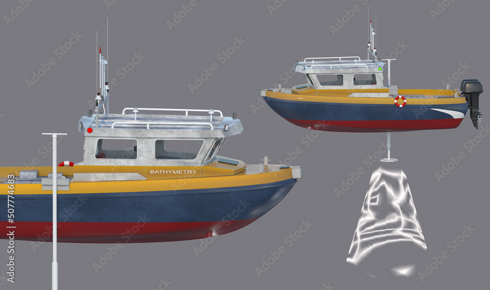 Speed boat. Bathymetry. Model contains sonar, measuring beams, lights ...