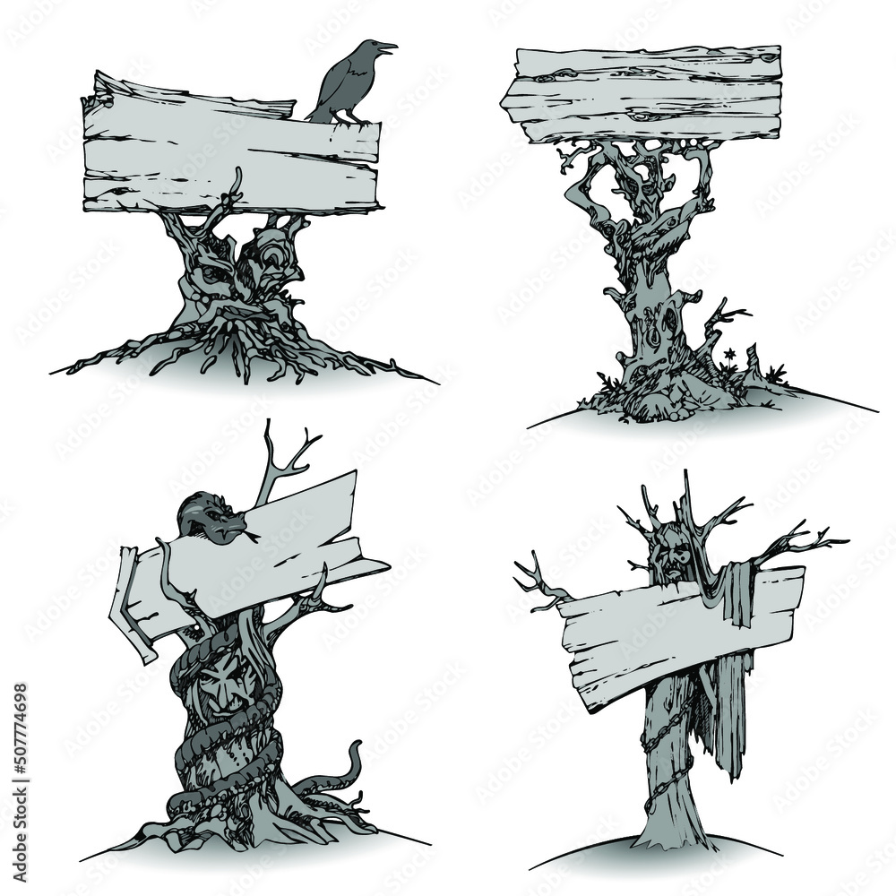 Fantasy Wooden Billboard, Pointers, plank signboards Set. Hand drawn ...