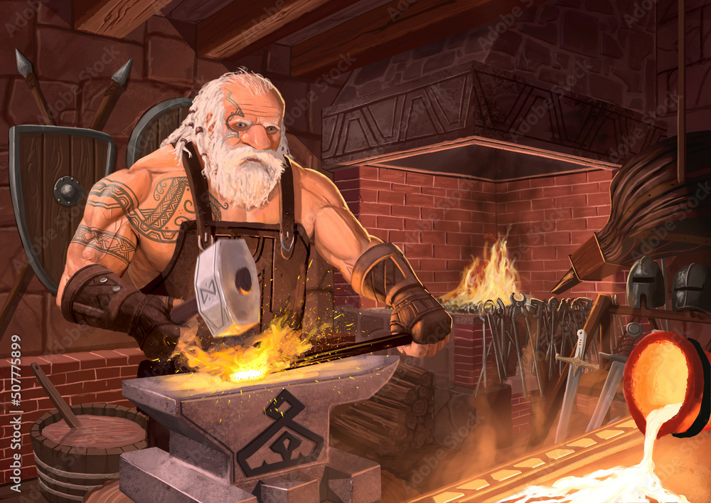 Illustration fantastique d'un forgeron dans sa forge, fabriquant des ...