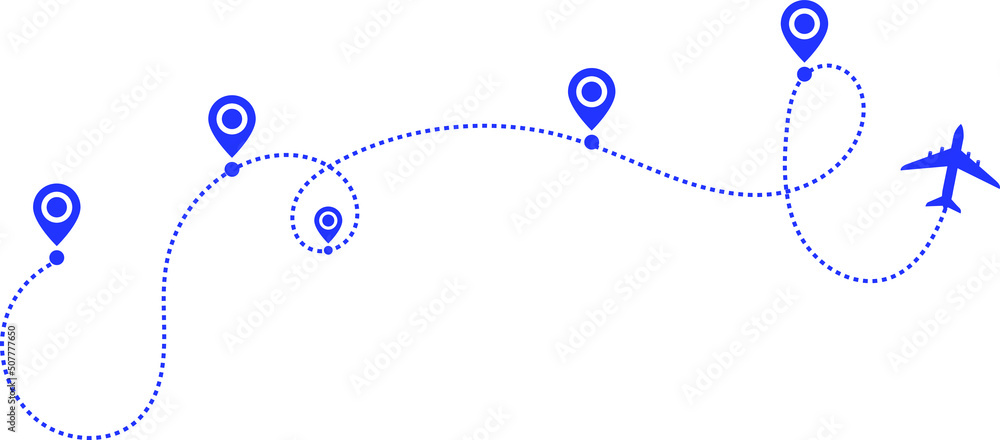 Airplane path in a dotted line shape. Blue Airplane line routes set ...