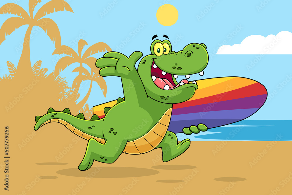 Happy Alligator Or Crocodile Cartoon Character Running With A Surfboard ...