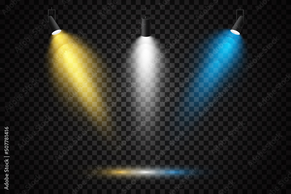 Set of colored spotlights on a transparent background. Bright lighting ...