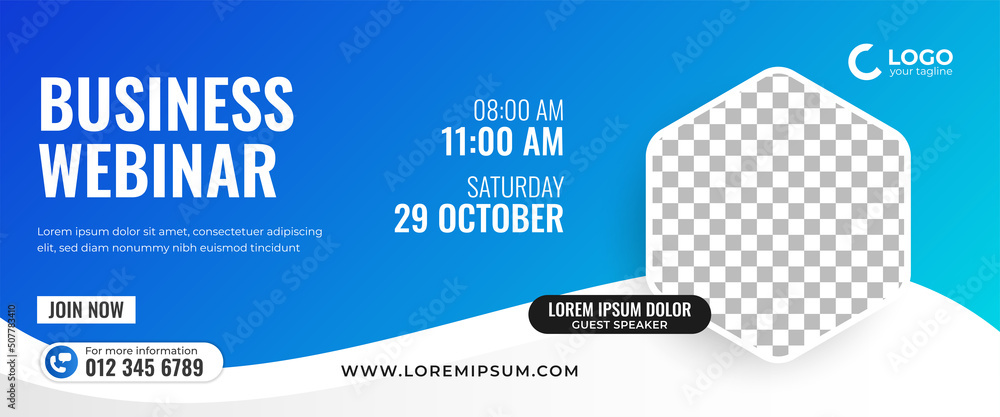 Webinar horizontal banner design template. Blue background with white ...