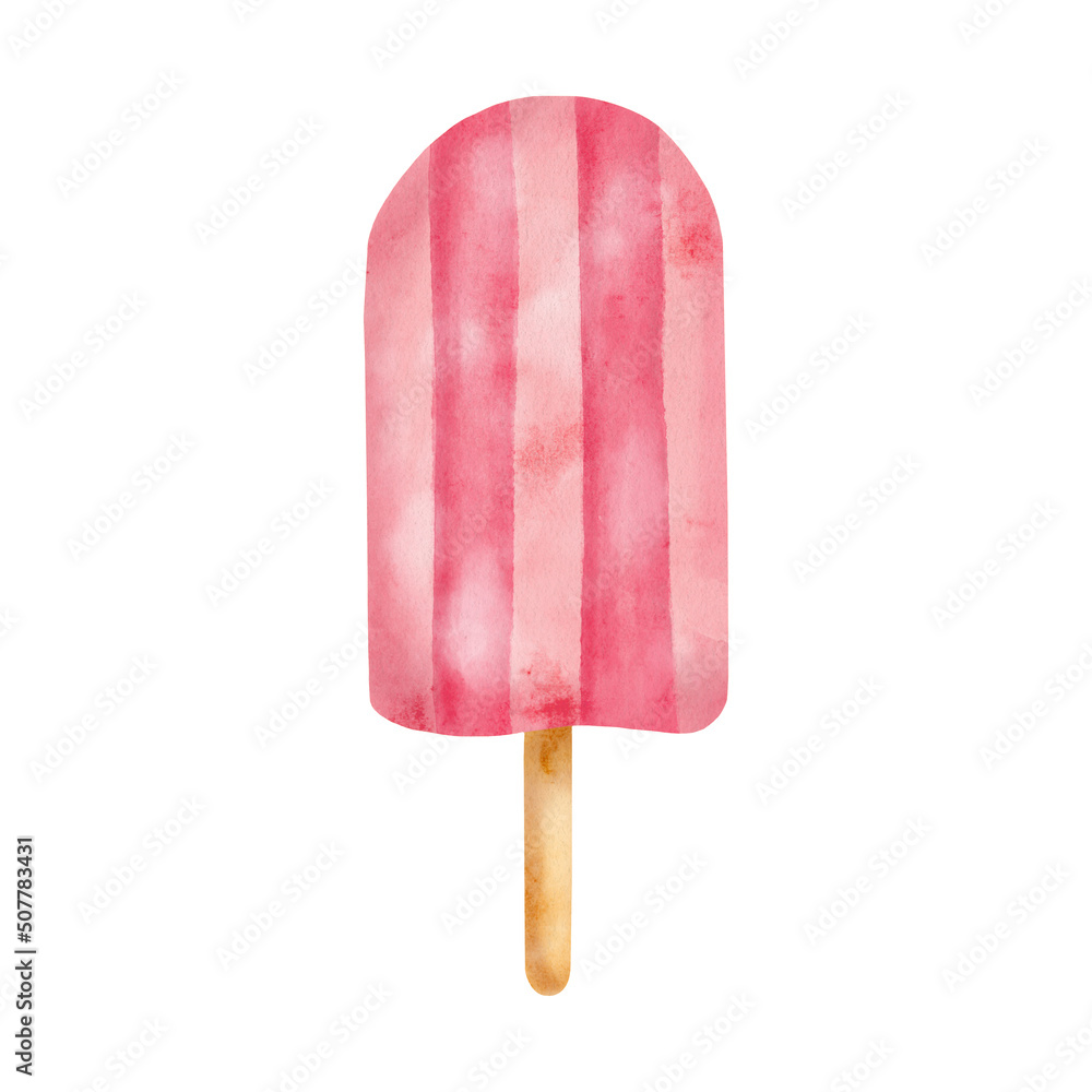 Watercolor pink popsicle. Hand drawn berry ice cream pop isolated on ...