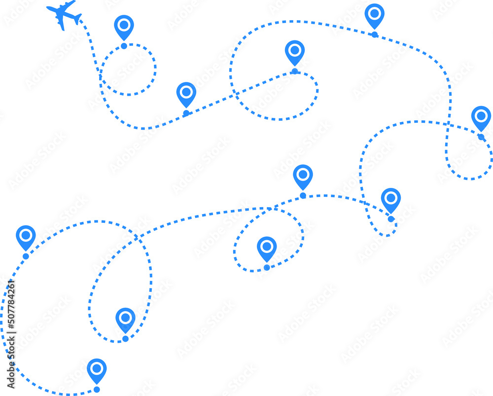Airplane path in a dotted line shape. Airplane line routes. Aircraft ...