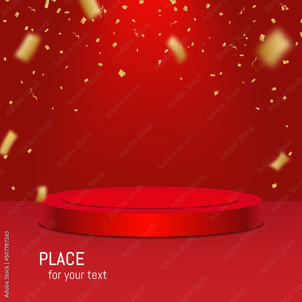 Abstract red podium with shiny golden confetti falling from above and ...