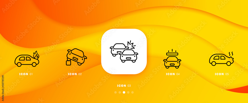 Vetor de Road traffic accidents set icon. Overheat, fire, collision ...