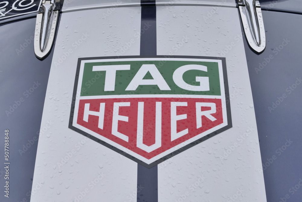 Tag Heuer sports car logo brand text on racing car exposed in the ...