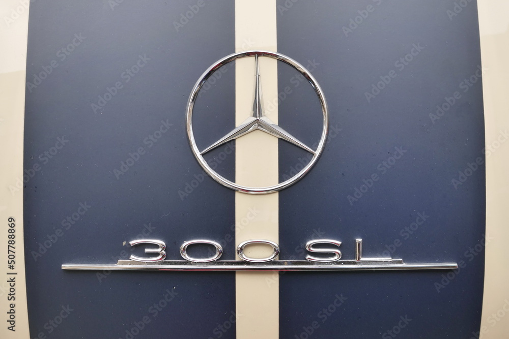 Mercedes 300 SL vintage sports car logo brand text on racing car ...