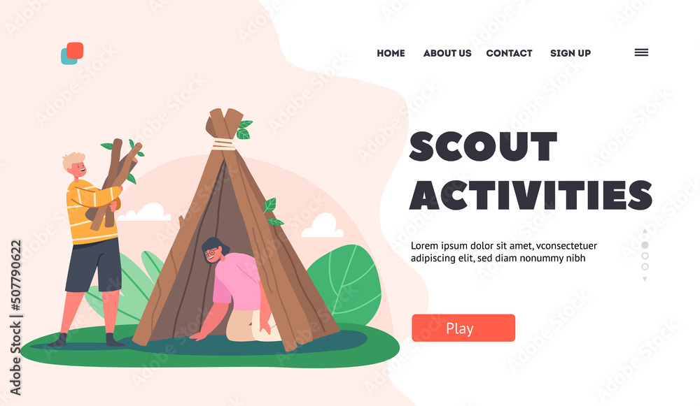 Scout Activities Landing Page Template. Kids Building Hut of Tree ...