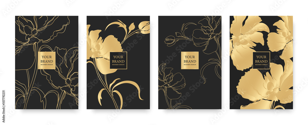 Luxury banner in dark colors, frame design set with gold flower pattern ...