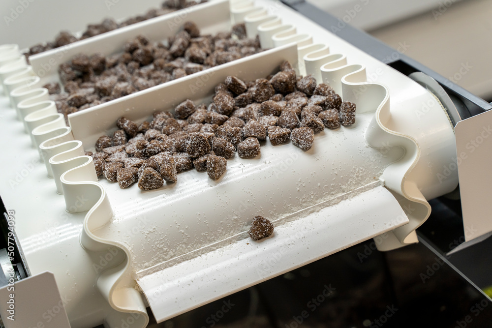 making machine of chocolate sweets. Chocolate factory. Sweets ...