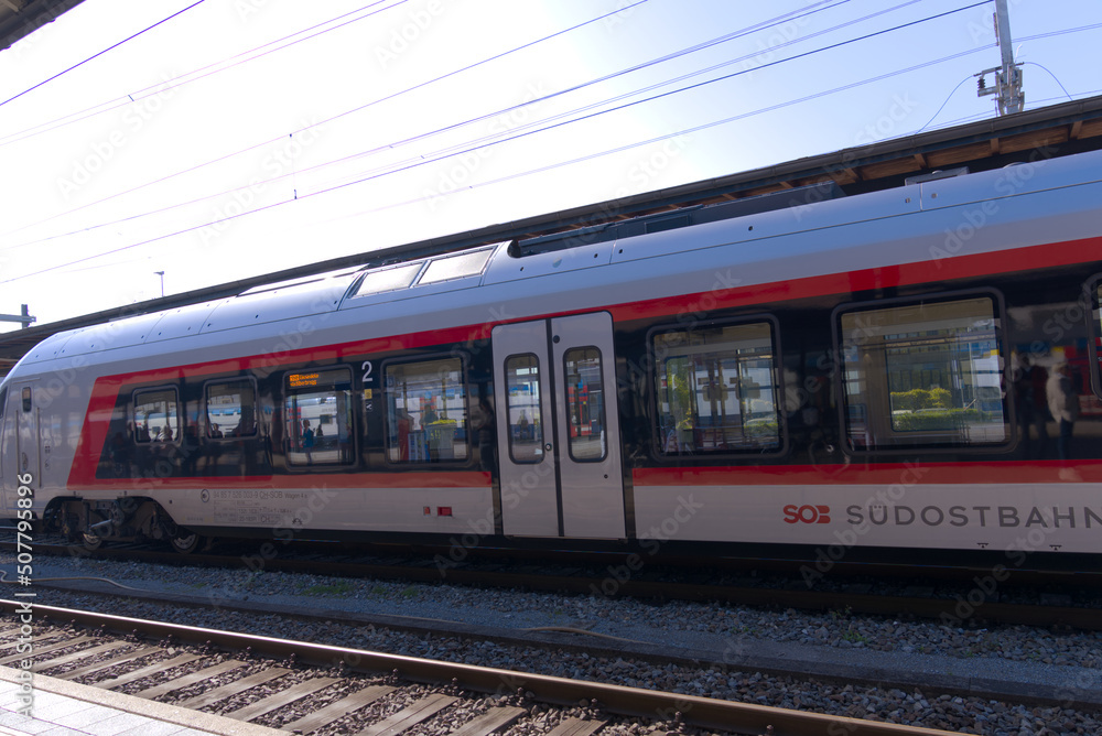 Railway station of City of Rapperswil with SOB train on a sunny spring ...
